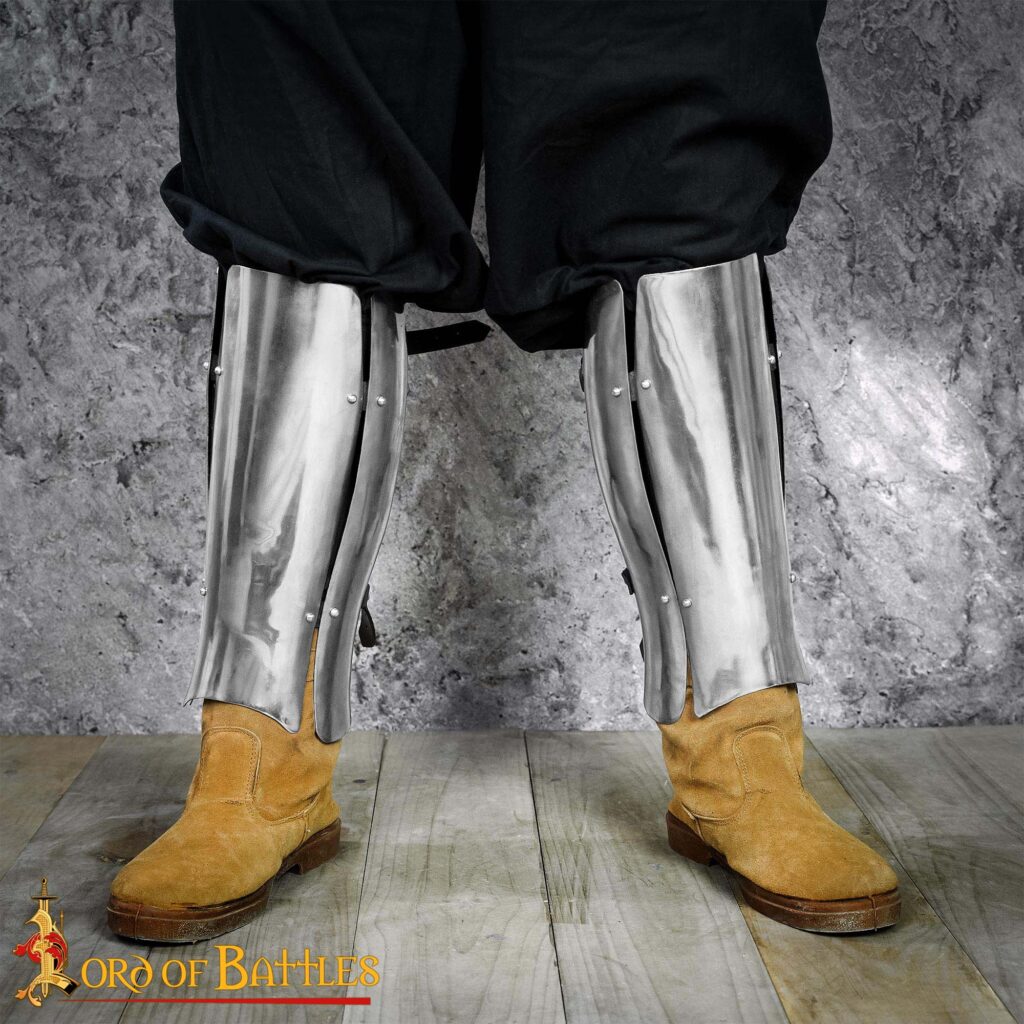 Medieval Three-Plate Steel Greaves – 16 Gauge Polished Leg Armor with ...